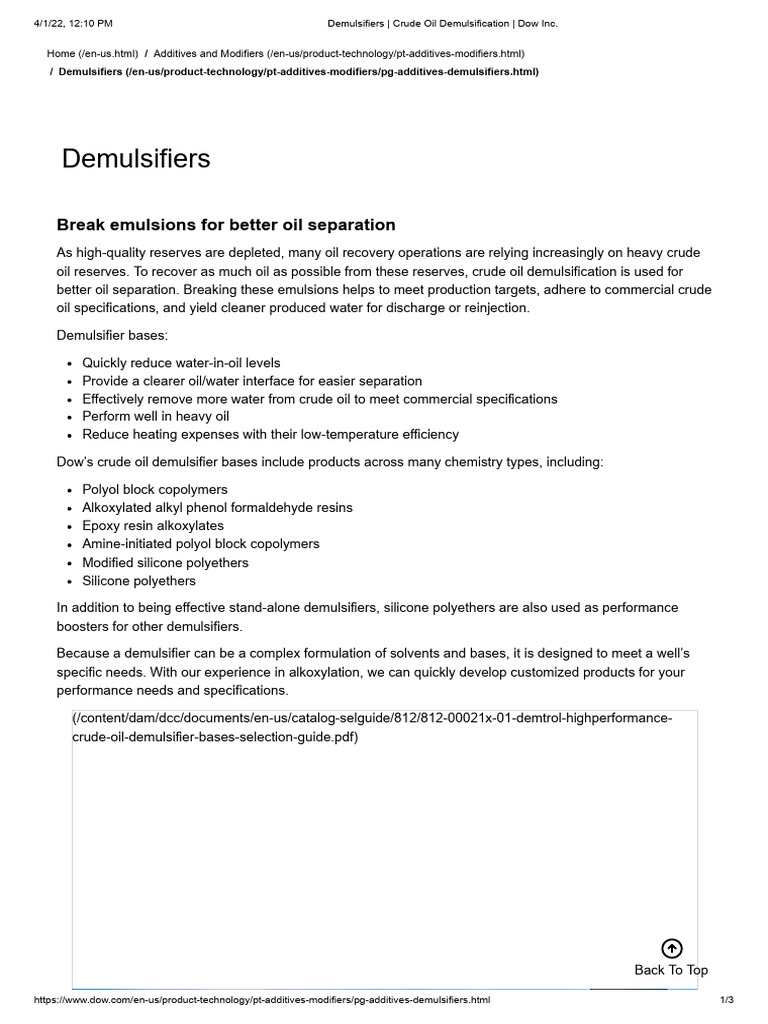 Demulsifiers - Crude Oil Demulsification - Dow Inc | PDF