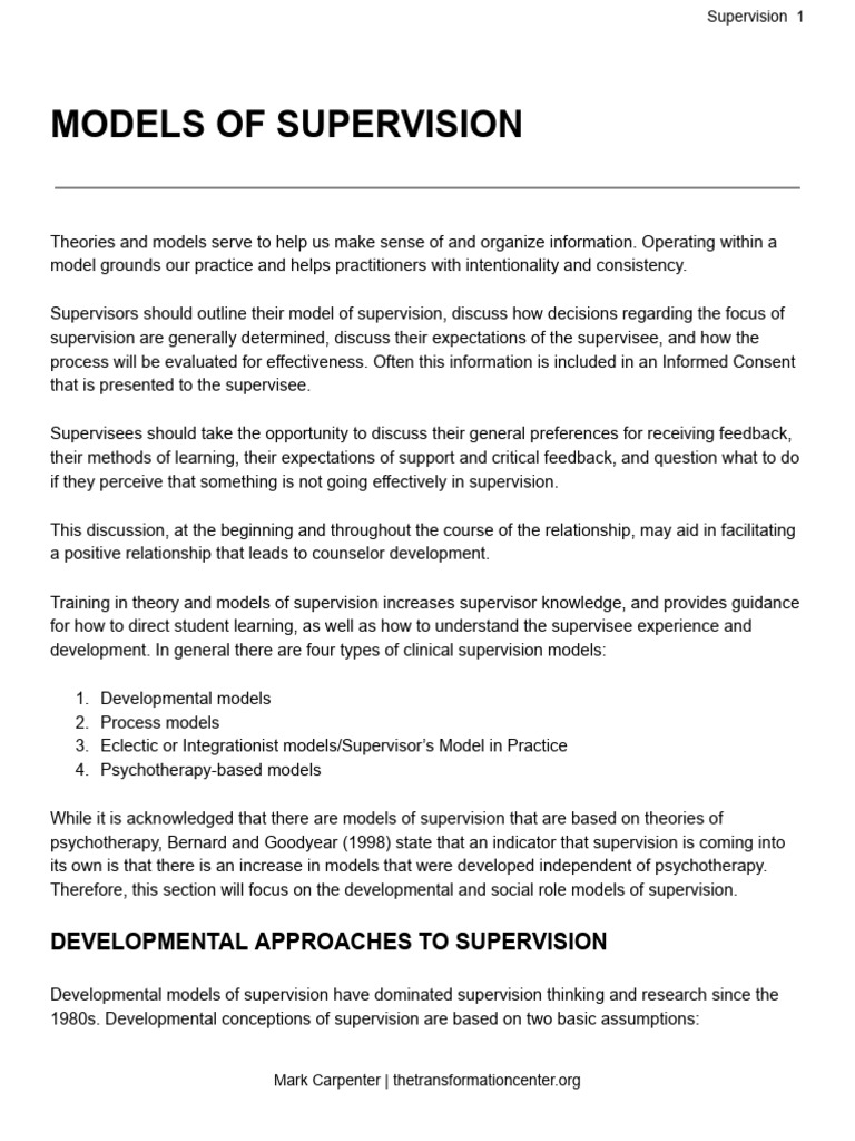 Models of Supervision 1 1 | PDF | Psychotherapy | Cognitive Behavioral Therapy