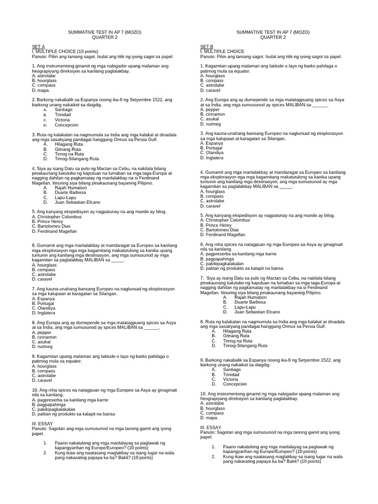 SECOND SUMMATIVE TEST IN AP 7 - For Print | PDF