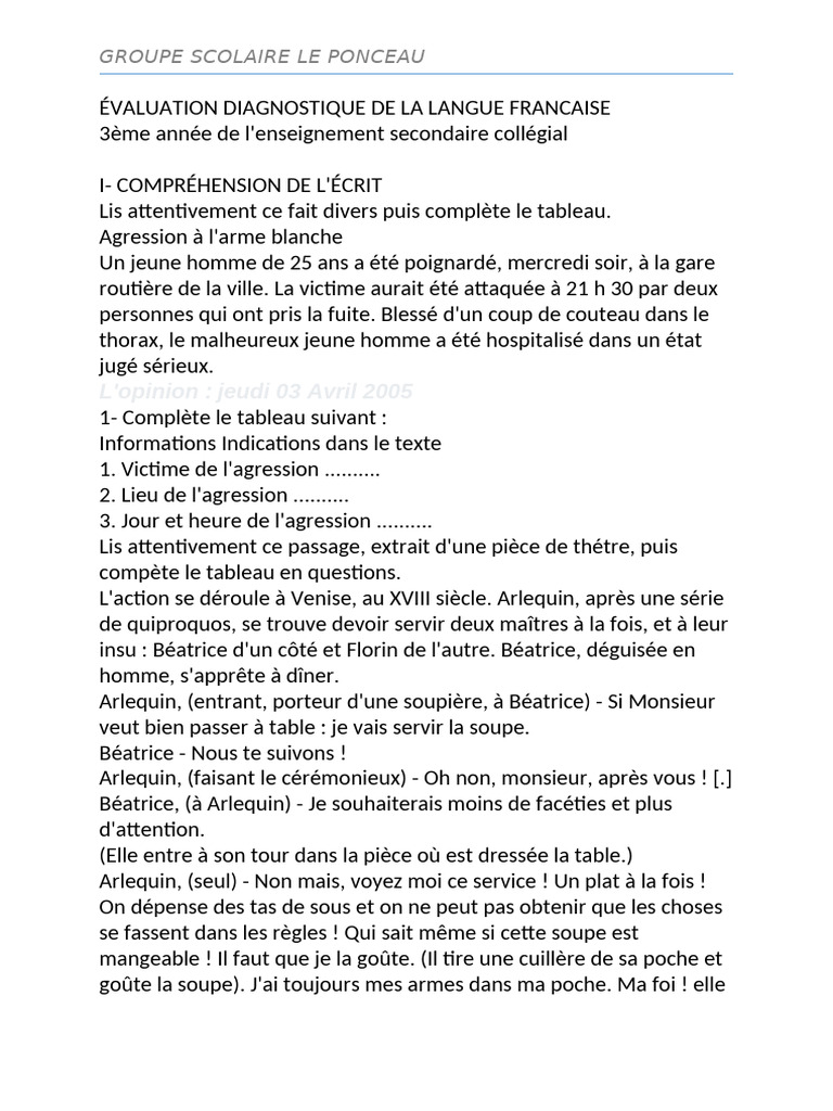 Évaluation de français 3ème année | PDF | Arts du langage et discipline