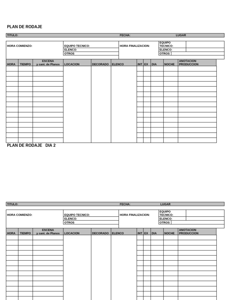 Plan de Rodaje Ejemplo 2 | PDF
