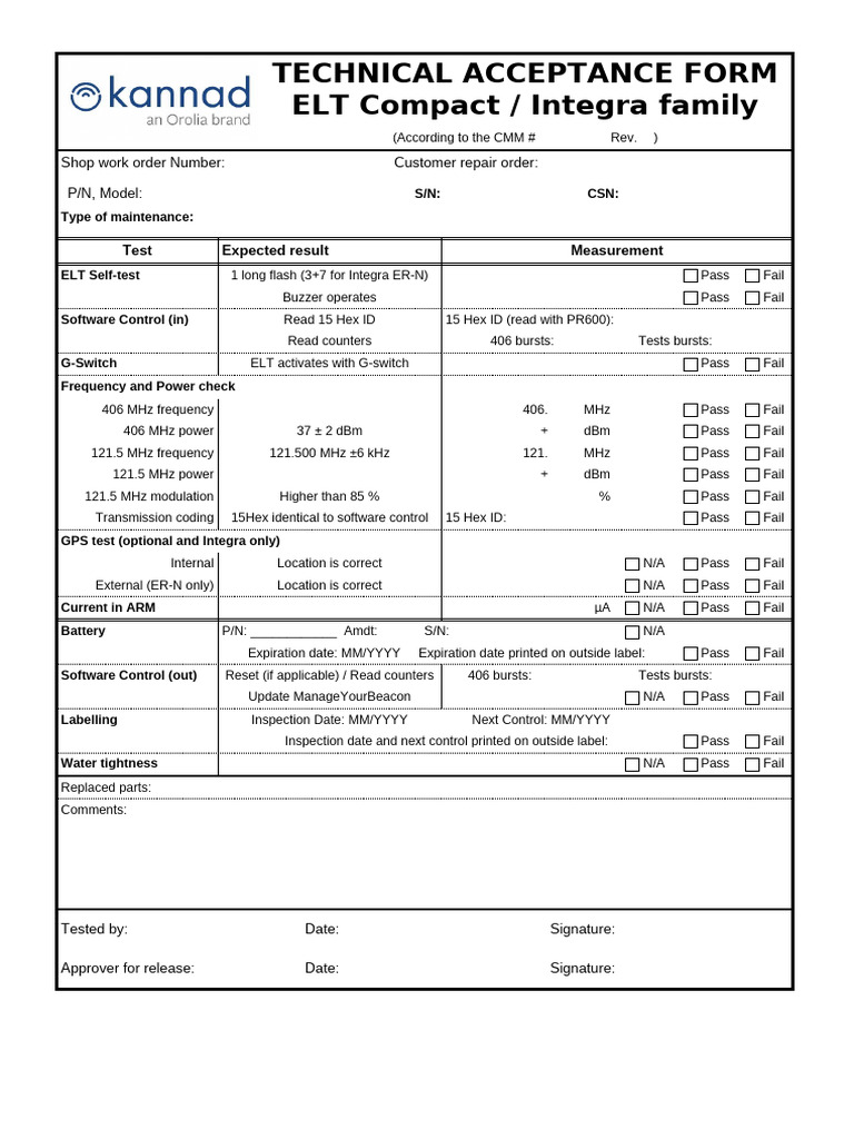 ELT Technical Acceptance Form Guide | PDF | Radio | Telecommunications
