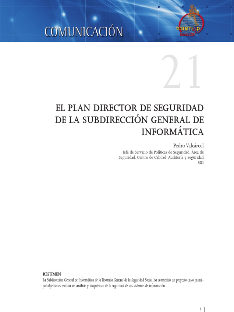 El Plan Director de Seguridad de La Subdirección General de Informática ...