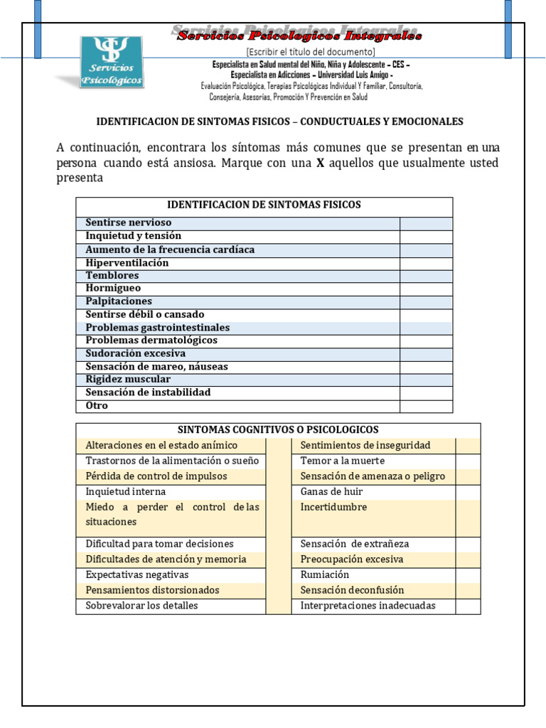 Formato para Identificacion de Sintomas Ansiedad | PDF | Ansiedad ...