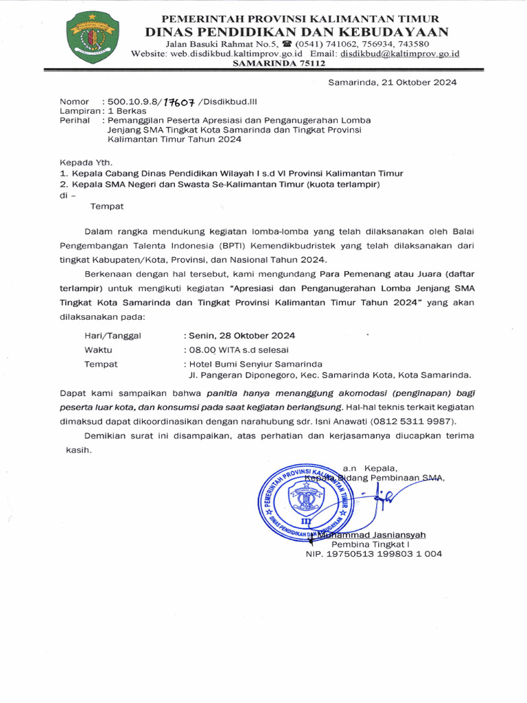 Pemanggilan Peserta Pemenang Lomba Tingkat Kota Samarinda Dan Provinsi Tahun 2024 | PDF