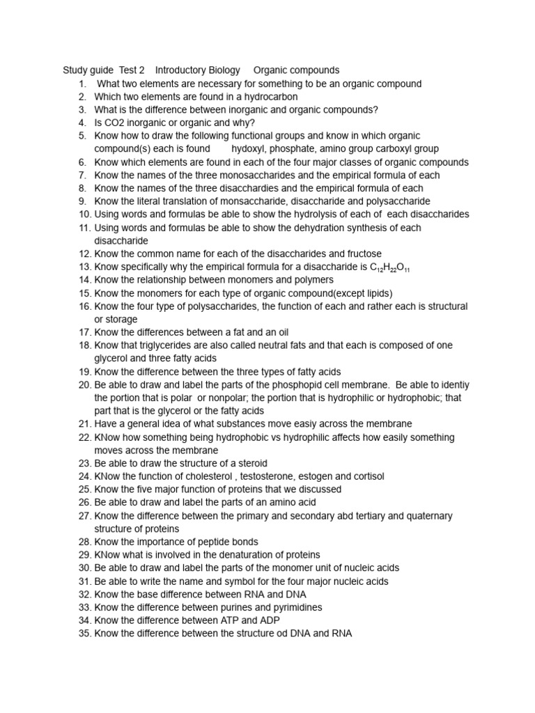 Study Guide Test 2 Introductory Biology Organic Compounds | PDF | Lipid ...