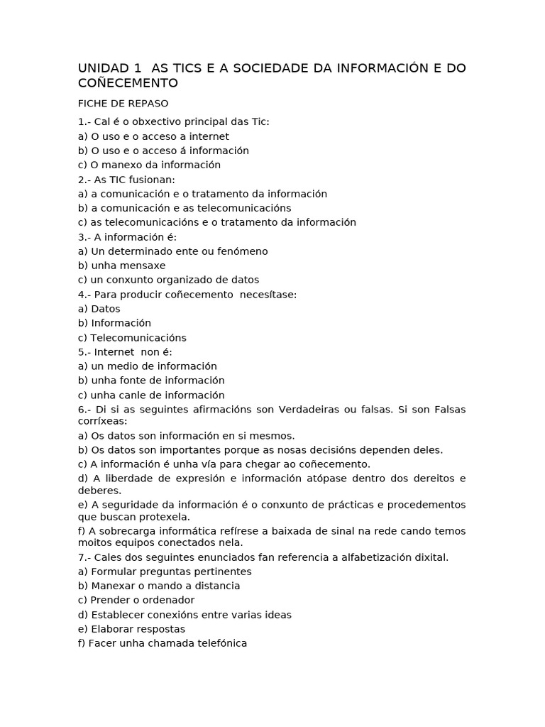 ACTIVIDADES UNIDAD 1 AS TICS E A SOCIEDADE DA INFORMACI+ôN E DO CO+æECEMENTO | PDF