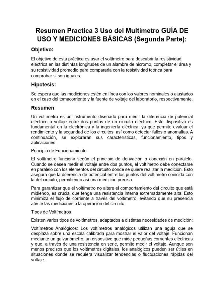 Resumen Practica 3 Uso Del Multimetro | PDF | voltaje | Red eléctrica