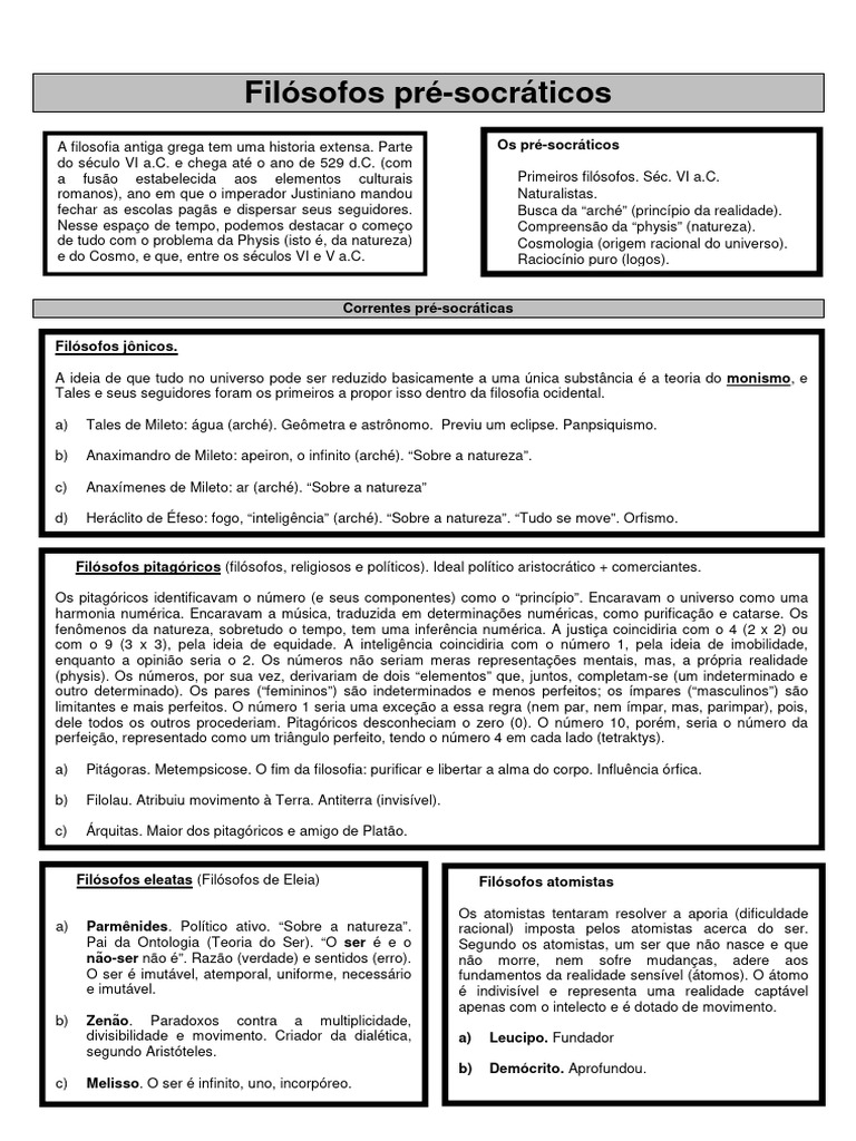 Esquema Filósofos Pré-Socráticos | PDF | Immanuel Kant | Aristóteles