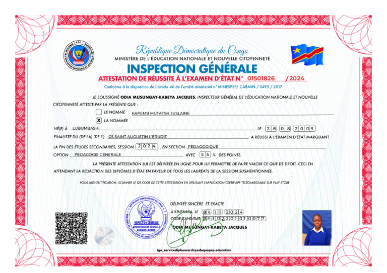 Attestation Kapemb Mutatsh Juslaine | PDF