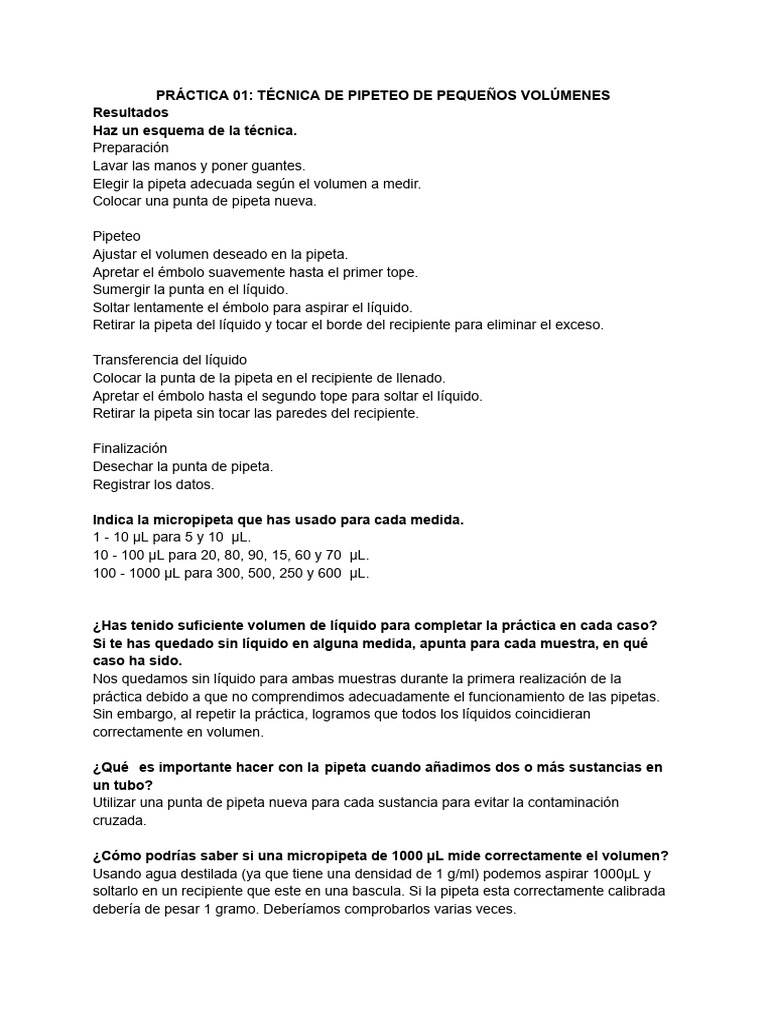 Práctica 01 - Técnica de Pipeteo de Pequeños Volúmenes | PDF | Volumen ...