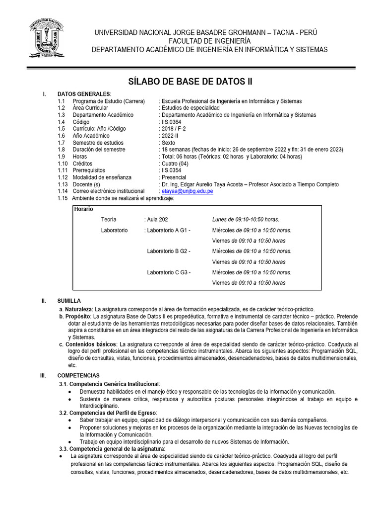 Silabo Base de Datos II 2022 II | PDF | Evaluación | Enseñando