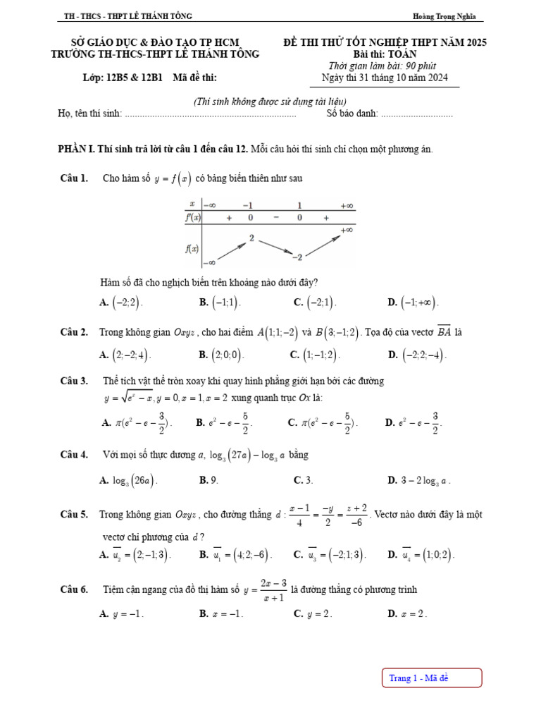 De Thi Thu Tot Nghiep THPT 2025 Mon Toan Truong Le Thanh Tong TP HCM | PDF