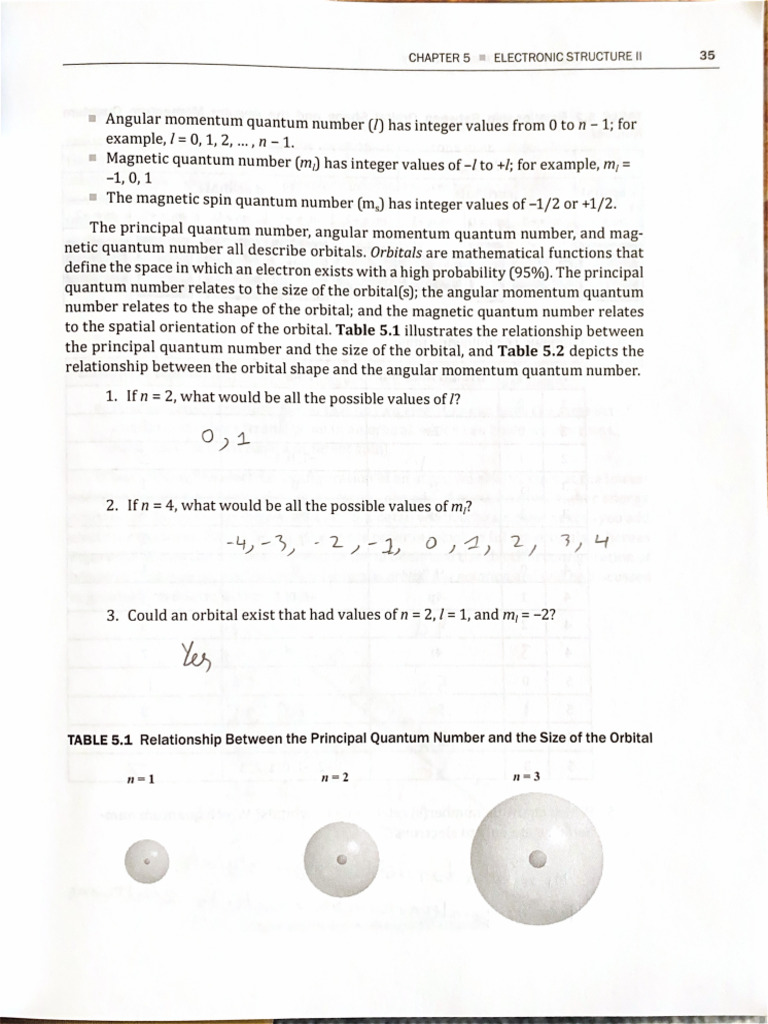 Angular Momentum Quantum Number (1) Has Integer Values From 0 To N - 1 For | PDF