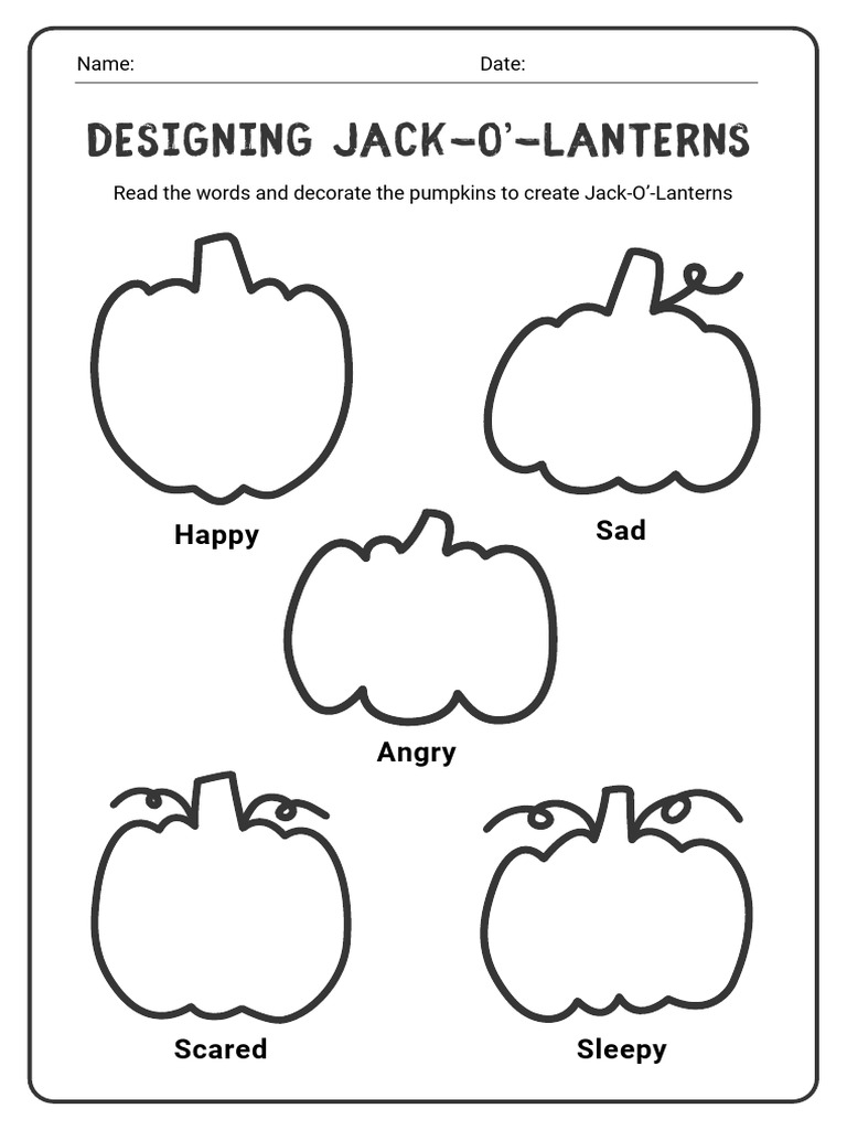Halloween Drawing and Coloring Worksheet in Monochromatic Illustrative ...