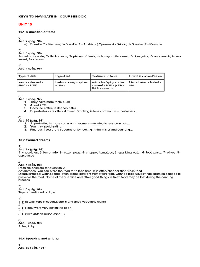 KEYS TO NAVIGATE B1 COURSEBOOK - UNIT 10 - 2p | PDF | Taste | Foods
