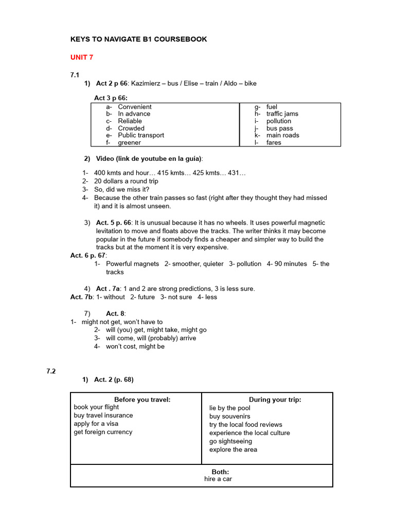 KEYS TO NAVIGATE B1 COURSEBOOK - UNIT 7 - 3p | PDF