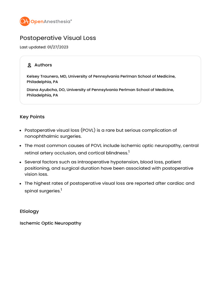 Postoperative Visual Loss - OpenAnesthesia | PDF | Ischemia | Vein