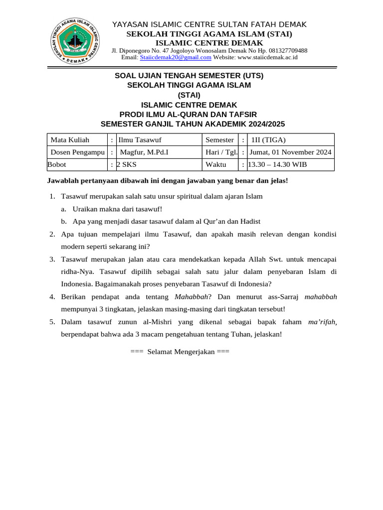 Soal Uts Ilmu Tasawuf Ganjil 2024-2025 | PDF | Karier & Perkembangan