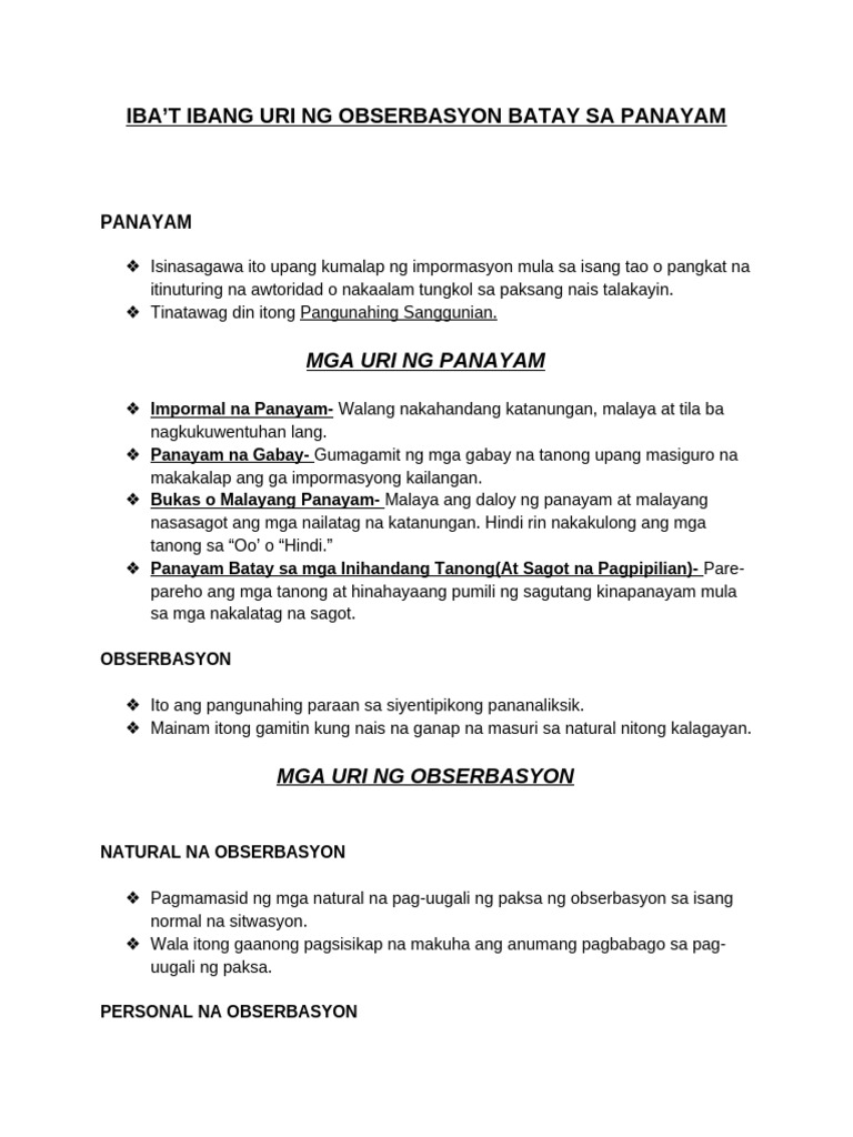 Iba't Ibang Uri NG Obserbasyon Batay Sa Panayam | PDF