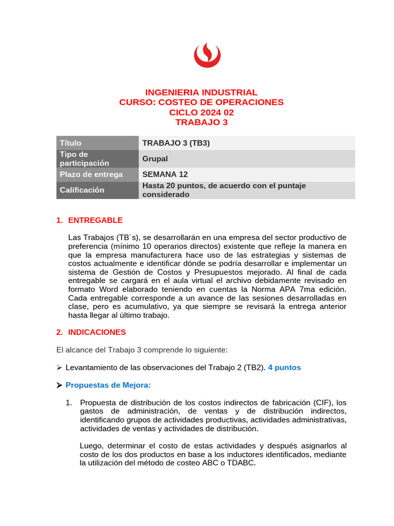 Indicaciones Trabajo 3 (TB3) - 2024 02 | PDF | Business | Contabilidad de costos