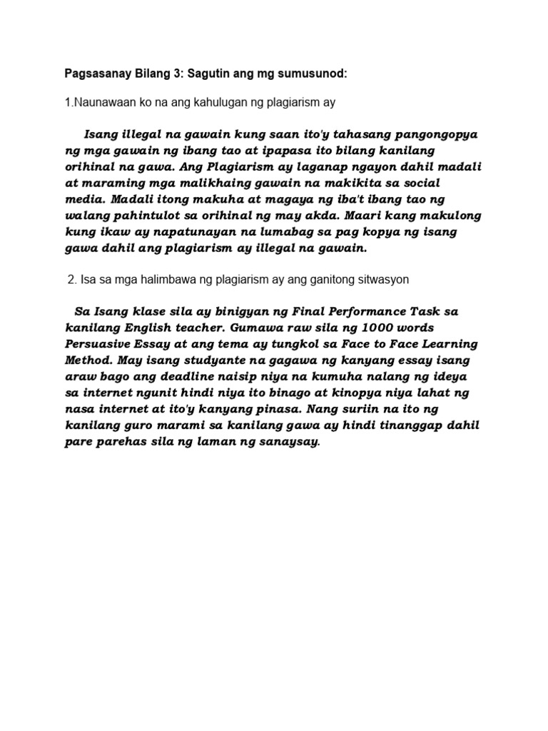 1.naunawaan Ko Na Ang Kahulugan NG Plagiarism Ay: Pagsasanay Bilang 3 ...