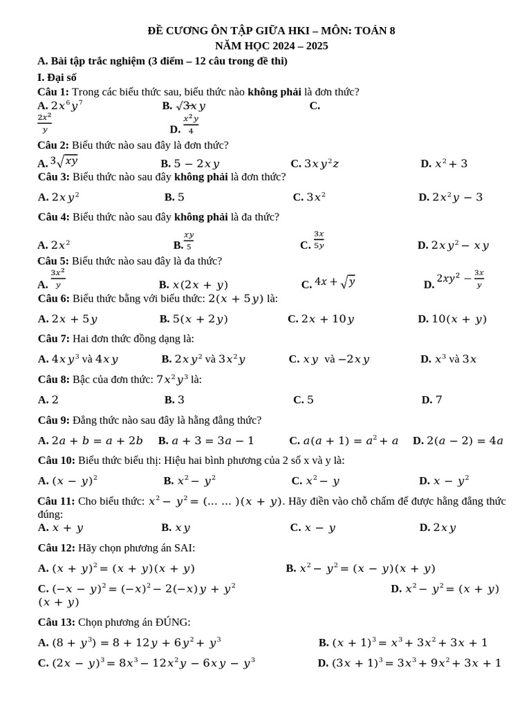 ĐỀ CƯƠNG ÔN TẬP GIỮA HKI - Toán 8 - 24-25 | PDF