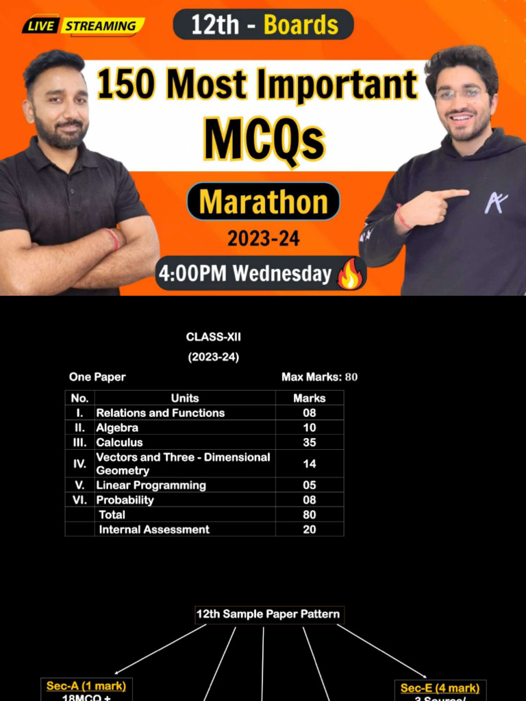 150 Most Important MCQs - Class 12 Mathematics - Boards Exam - 2023-24 ...