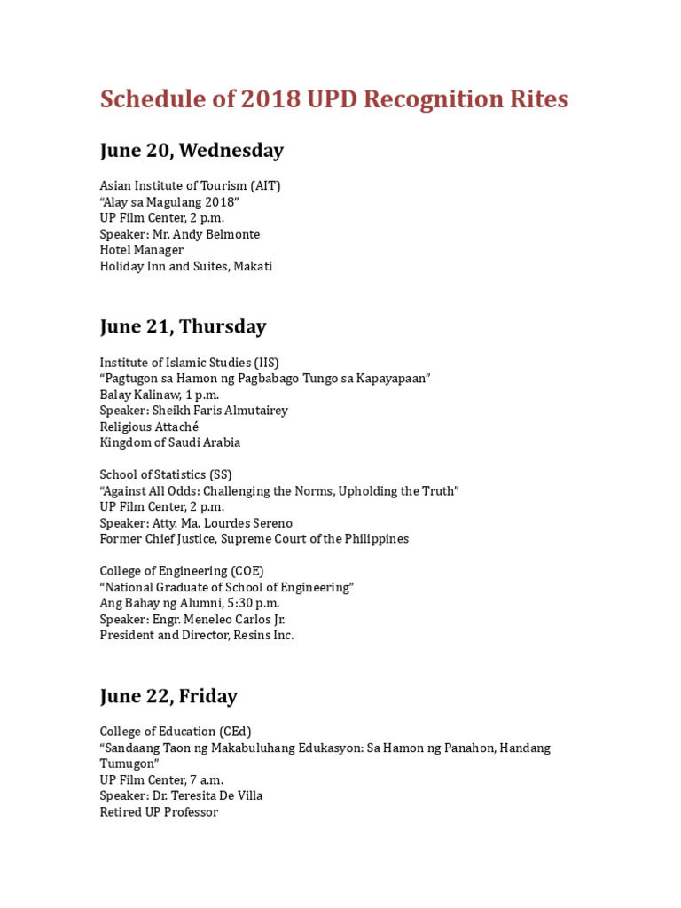 2018 Recognition Rites Schedule | PDF | Philippines