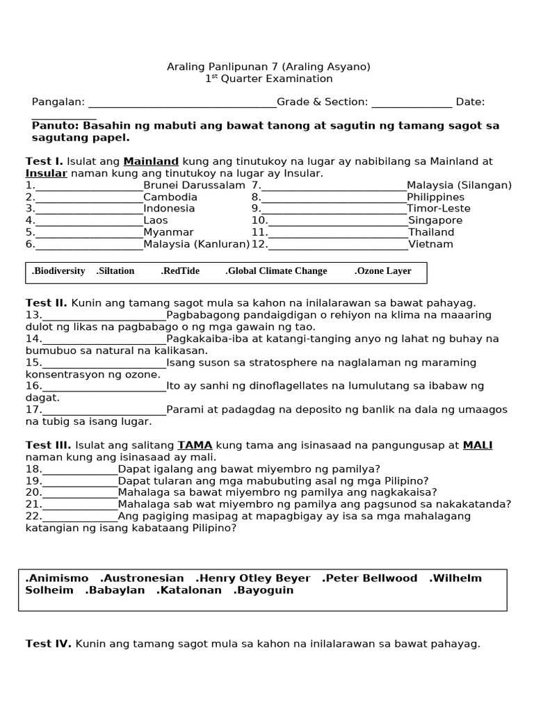 Ap 7 1ST Quarter Exam | PDF