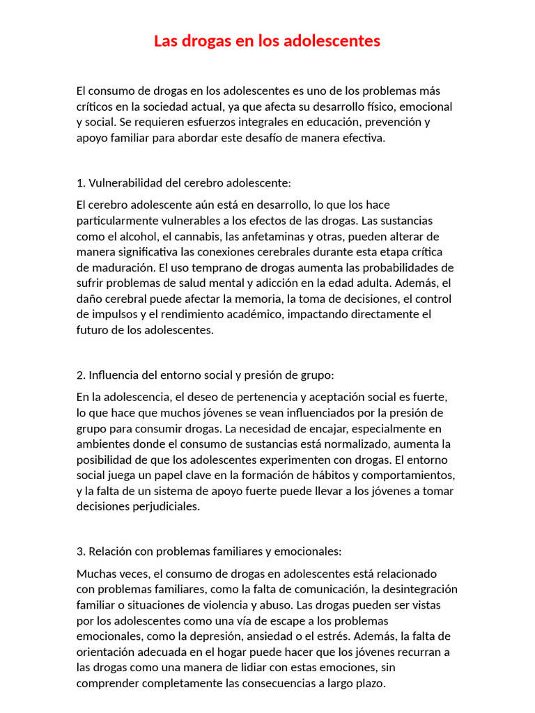 Las Drogas En Los Adolescentes Pdf Adolescencia Drogas