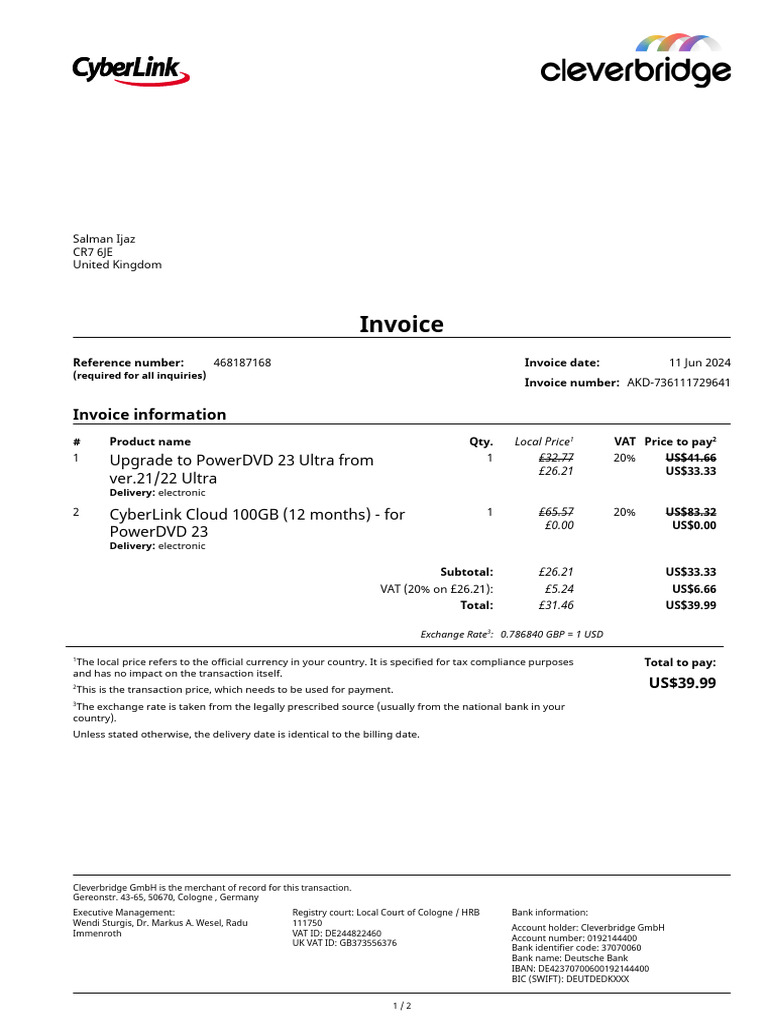 Cleverbridge Zaidi Bhai Software Payment Receipt Akd-736111729641 | PDF ...