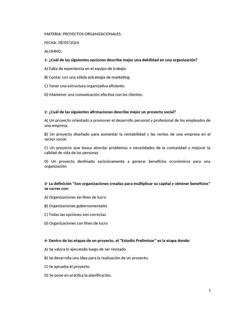 Examen Multiple Opcion 6 | PDF | Análisis FODA | Organización no ...