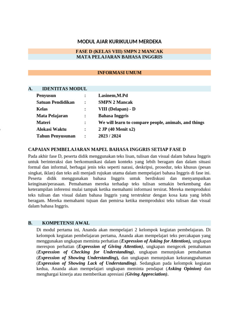 Modul Ajar Degrees of Comparison | PDF