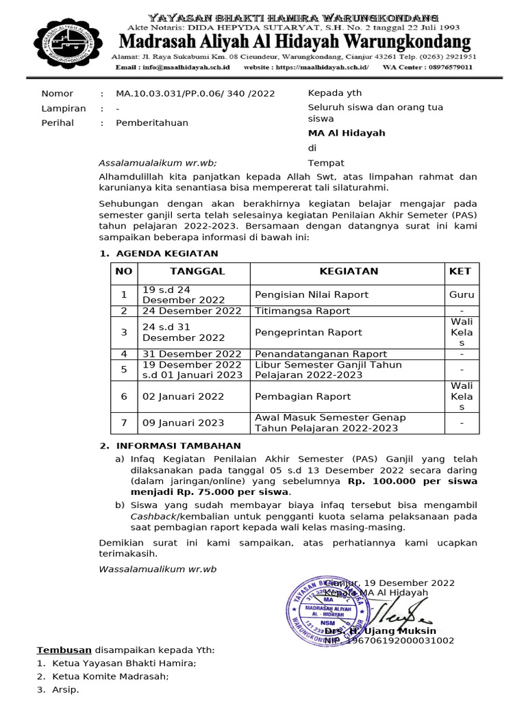 Surat Pemberitahuan Bagi Rapor | PDF