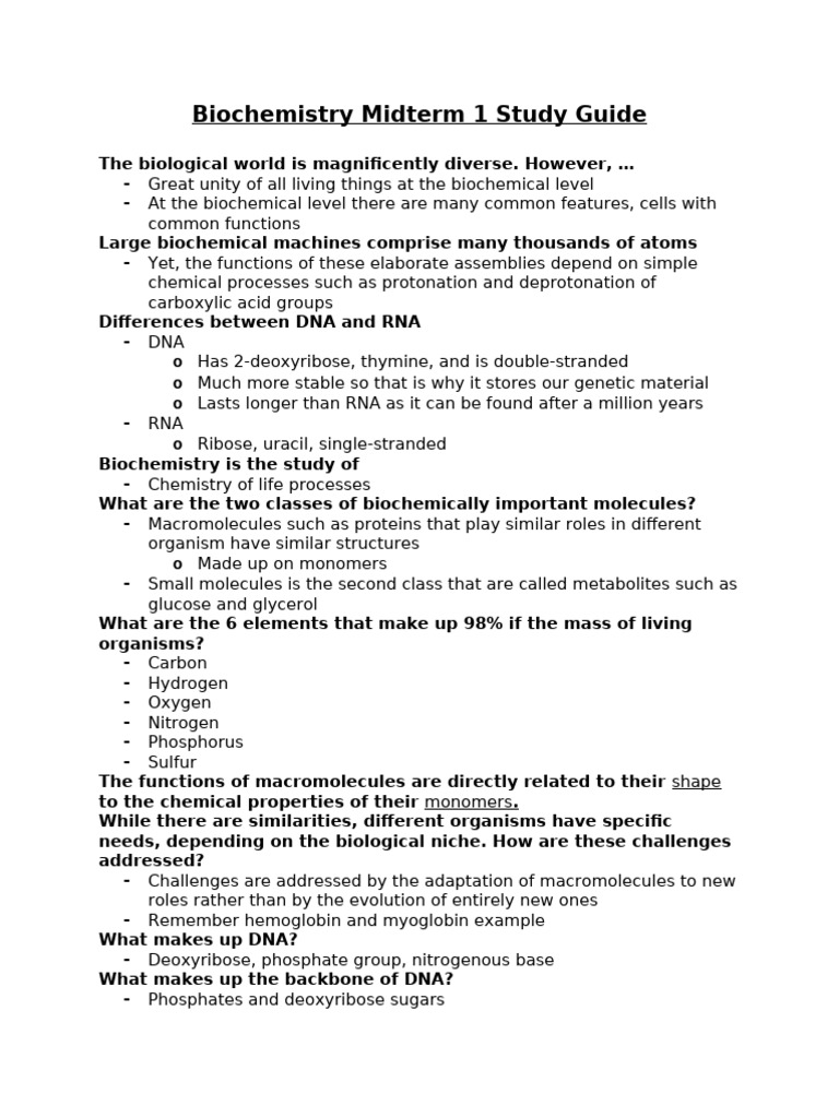 Biochem Midterm 1 Study Guide | PDF | Dna | Nucleic Acids