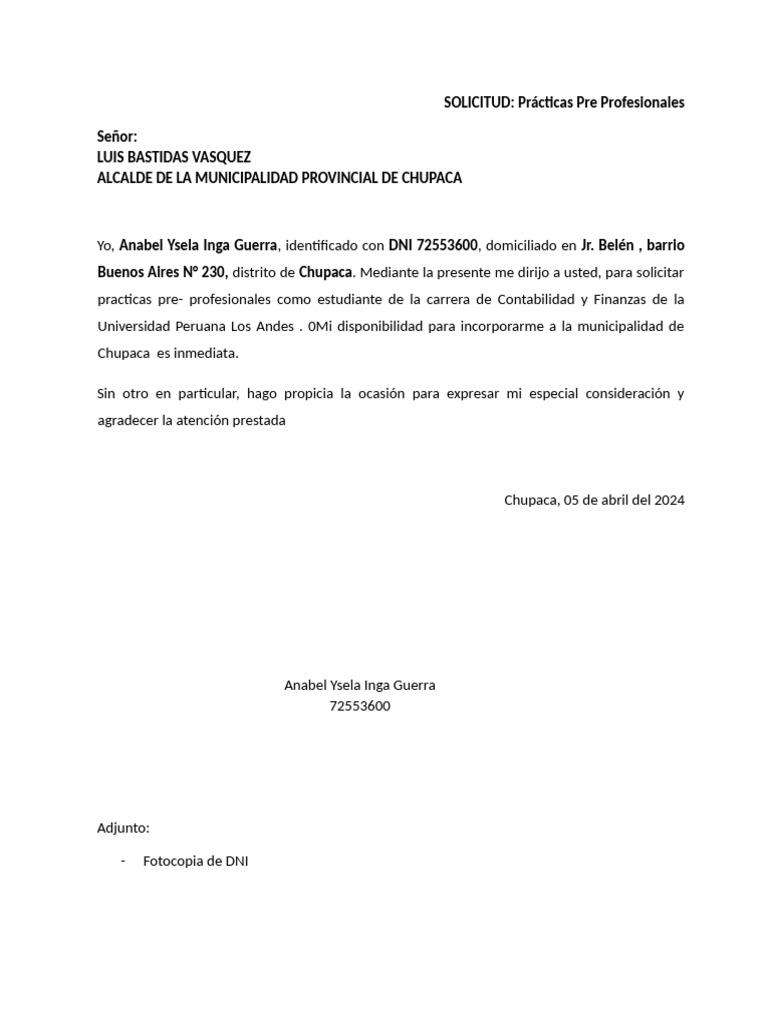 SOLICITUD Practicas Pre Profesionales | PDF