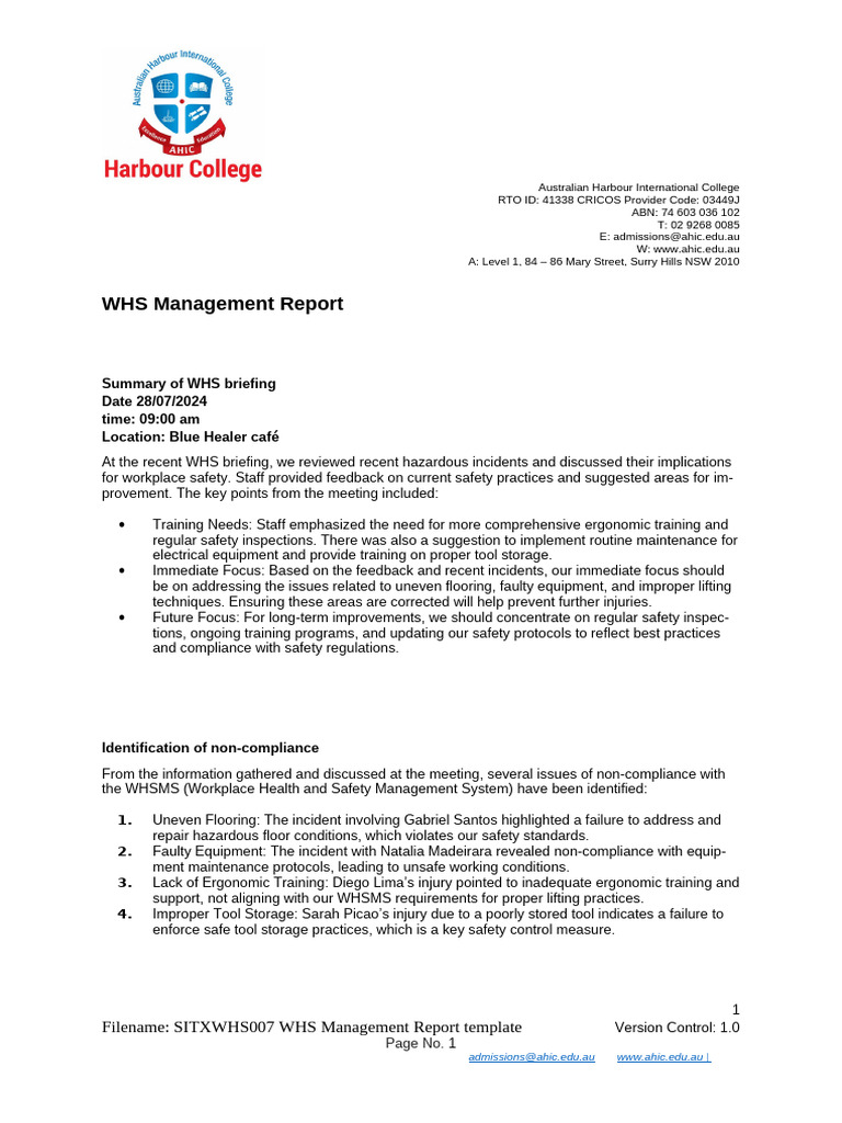 WHS Management Report Template 2 | PDF | Occupational Safety And Health ...