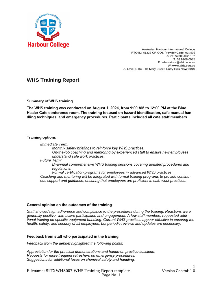 WHS Training Report Template | PDF | Mentorship | Safety