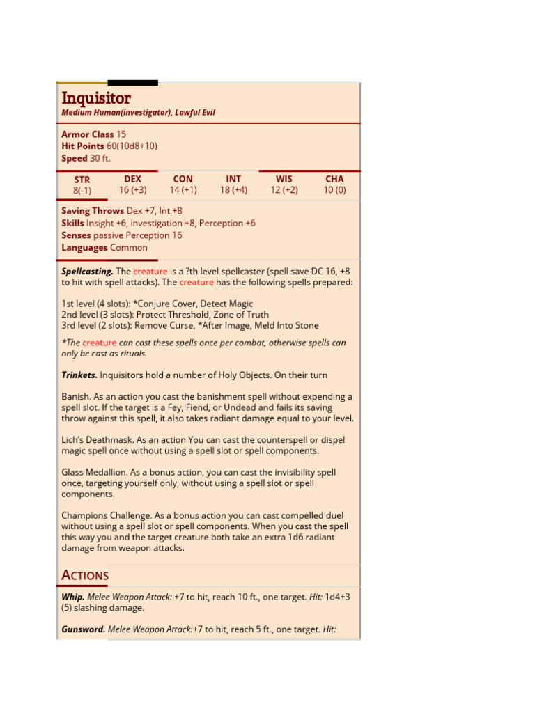 Inquisitor Stat Block for D&D 5E | PDF