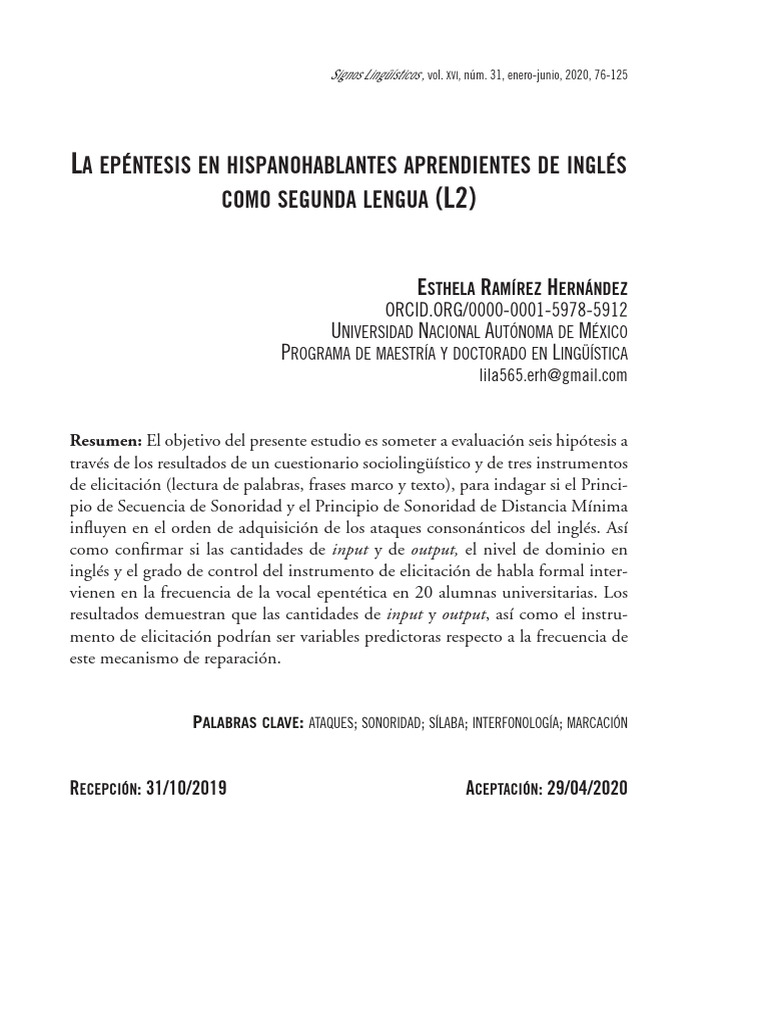 La Epéntesis en Hispanohablantes Aprendientes de Inglés Como L2 ...