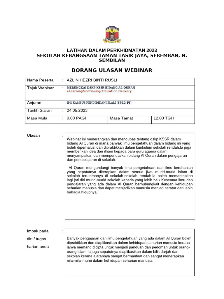 Borang Ulasan Webinar 2023 | PDF