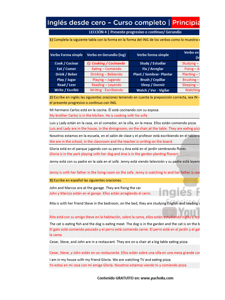 Lección 4 - Presente Progresivo o Continuo - Gerundio | PDF | Morfología | Mecánica del lenguaje
