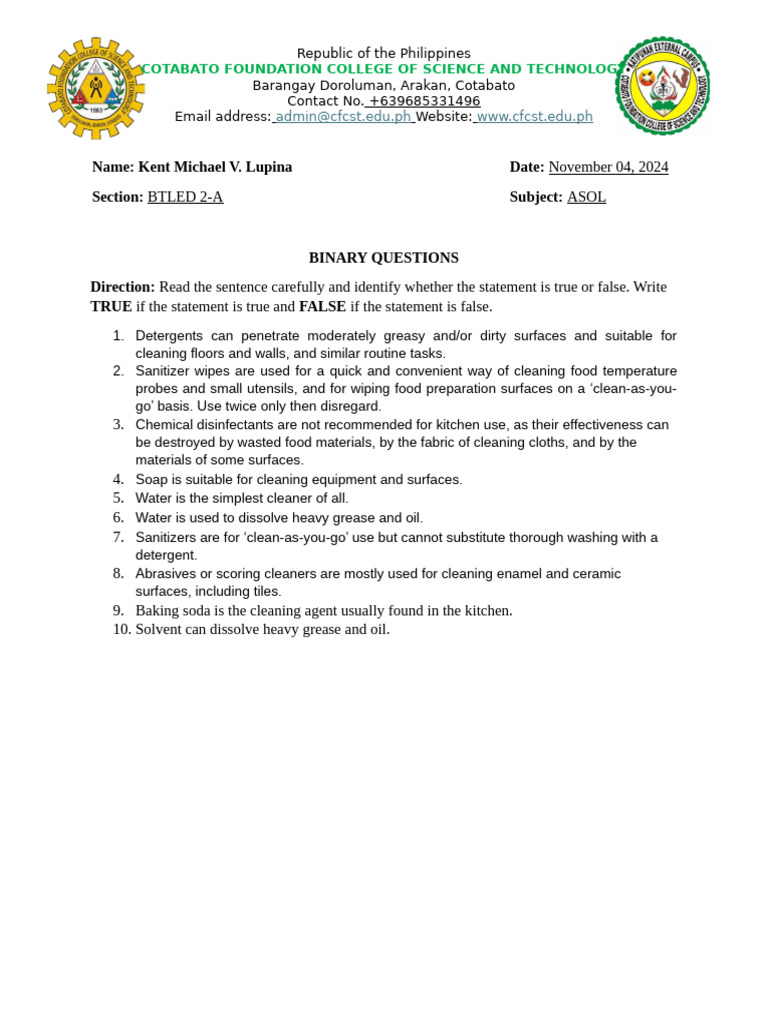 SAMPLE OF Binary Questions | PDF | Multiple Choice | Disinfectant