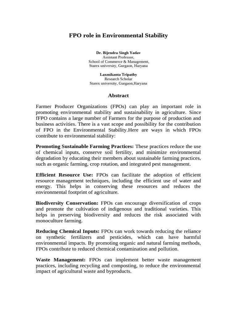 FPO Role in Environmental Stability | PDF | Agriculture | Sustainable ...