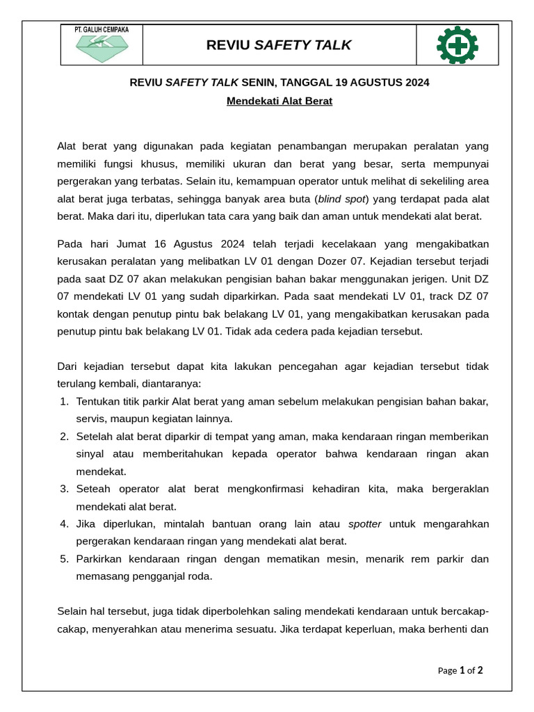 Review Materi Safety Talk - Washing Plant | PDF