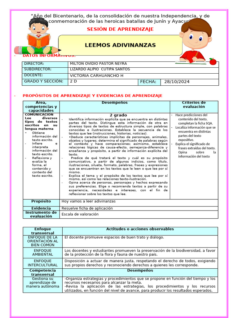 Lunes 28 Octubre Sesion de Com Leemos Adivinanzas | PDF | Aprendizaje | Evaluación