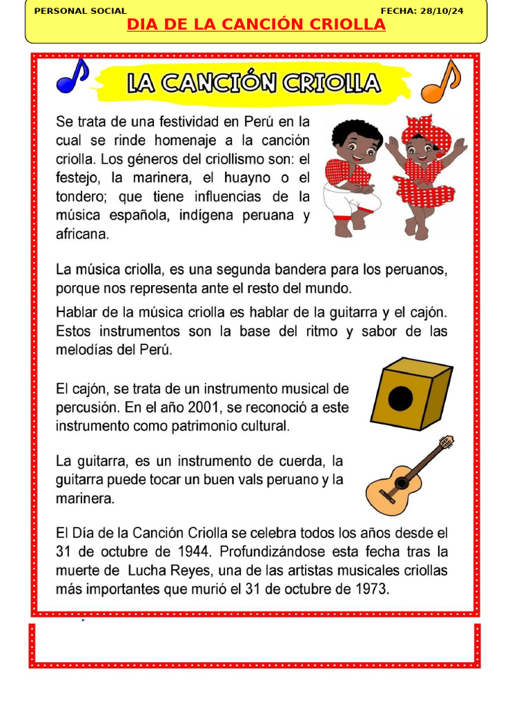 Lunes 28 Ficha de PS Dia de La Cancion Criolla | PDF