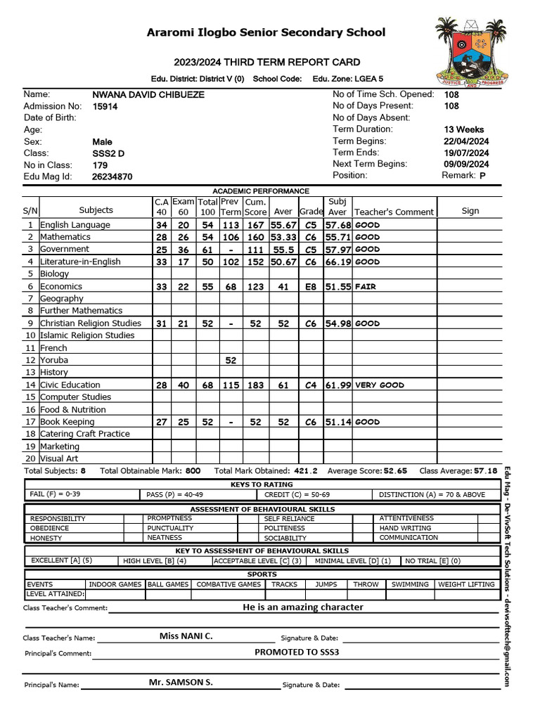 SSS2 Academic Performance Report 2023 | PDF
