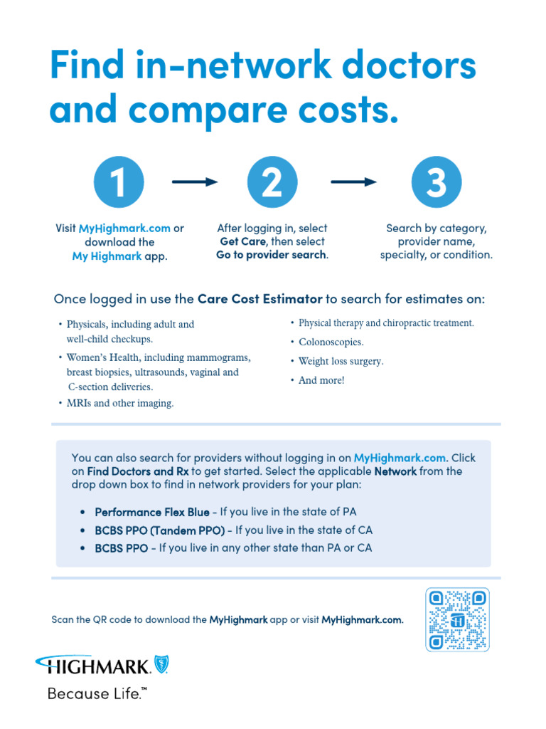 Find in Network Doctor and Cost Estimater Flyer - Highmark | PDF ...